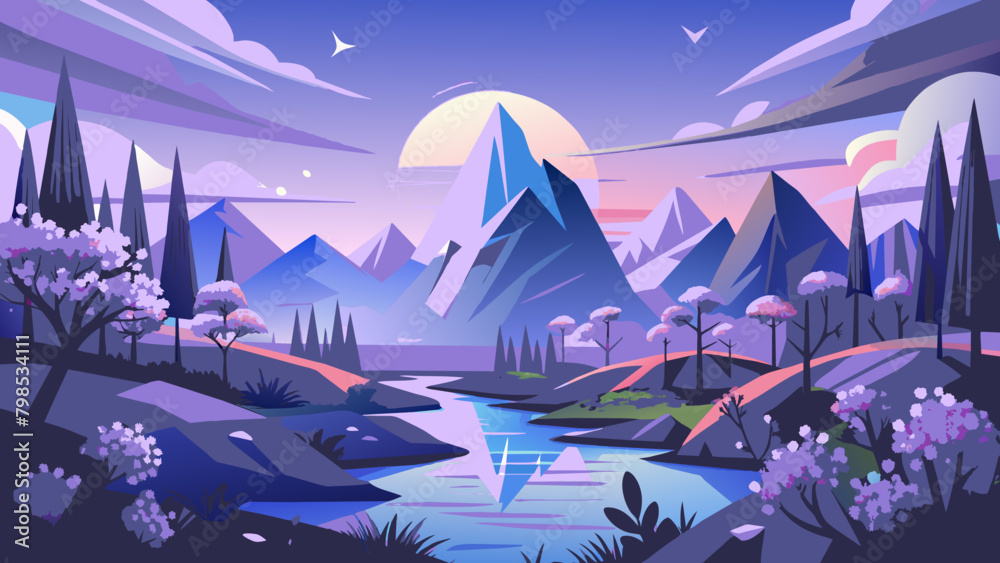 Vector flat illustration of a modern spring landscape, abstract ...