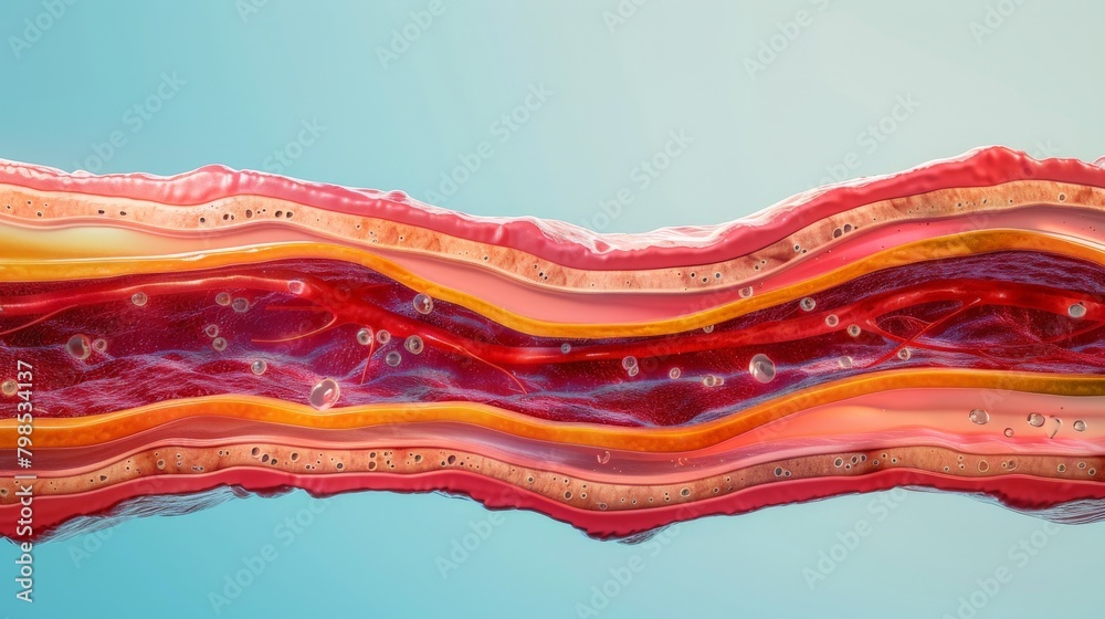 A cross-section of an artery wall, showcasing the different layers of ...