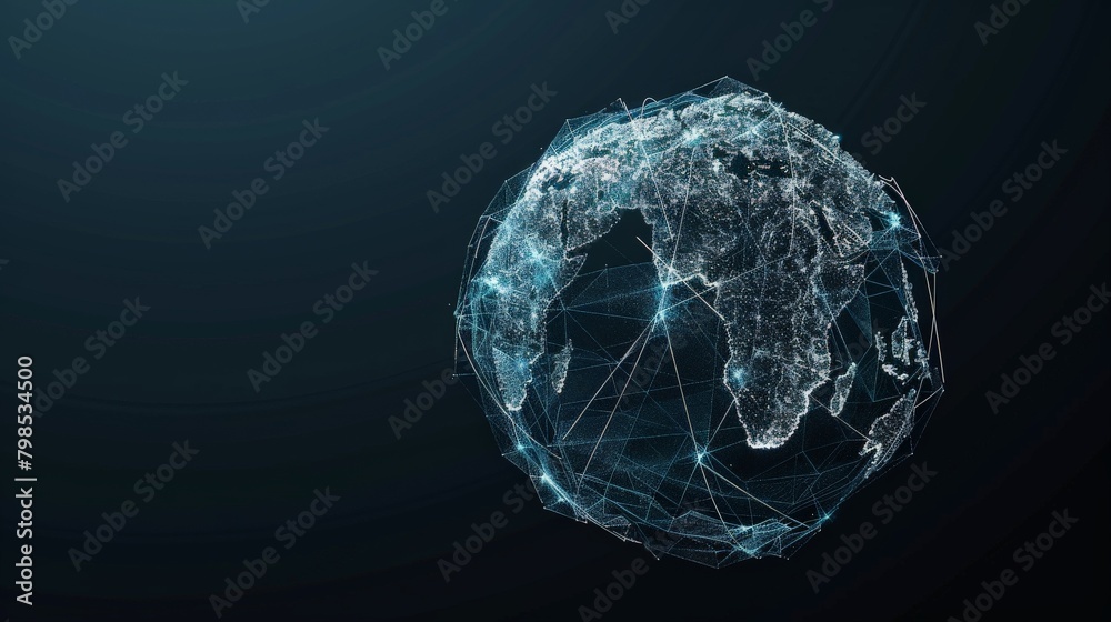 A deconstructed globe formed from interconnected wireframes ...
