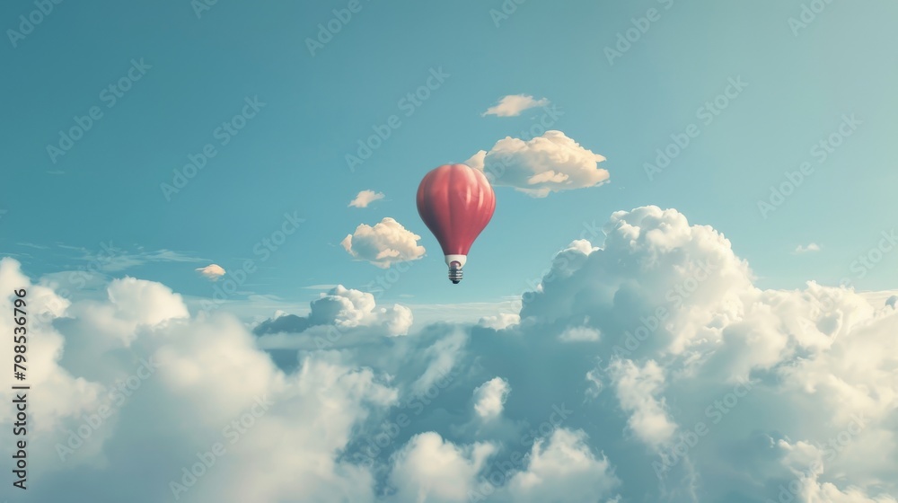 A light bulb shaped like a hot air balloon, floating amongst fluffy clouds that resemble thought ...