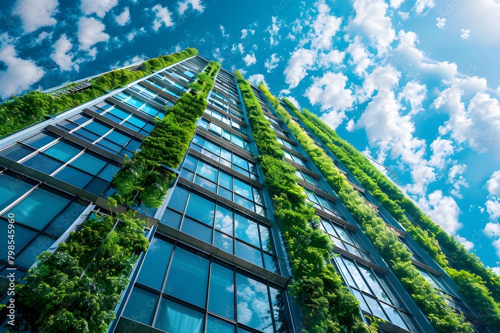 a modern skyscraper's facade, which is covered in lush green plants ...