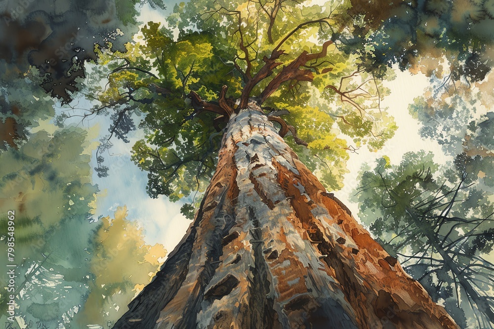 Illustrate the grandeur of a towering redwood tree with a mix of ...