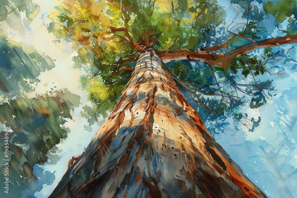 Illustrate the grandeur of a towering redwood tree with a mix of ...