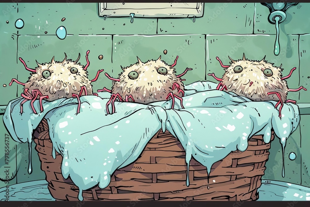 Dust mites in a comic strip, humorously interacting with fabric ...