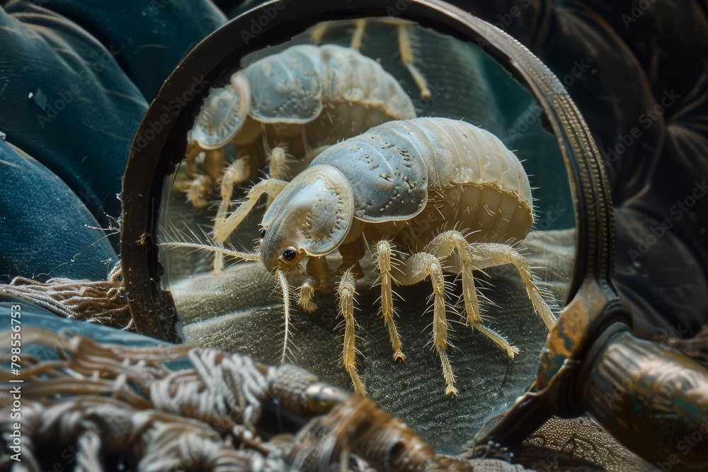 Dust mites concealed amidst the plush folds of a velvet sofa, brought ...