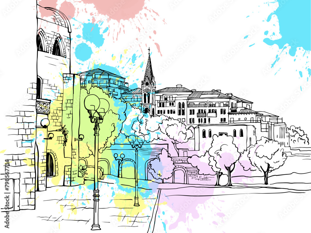 Nice view of old Tel Aviv, Jaffa, Israel. hand drawn urban sketch ...