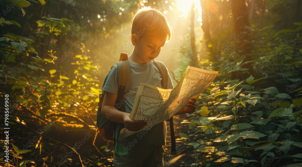A young boy dressed as an explorer stands in the forest, holding his ...