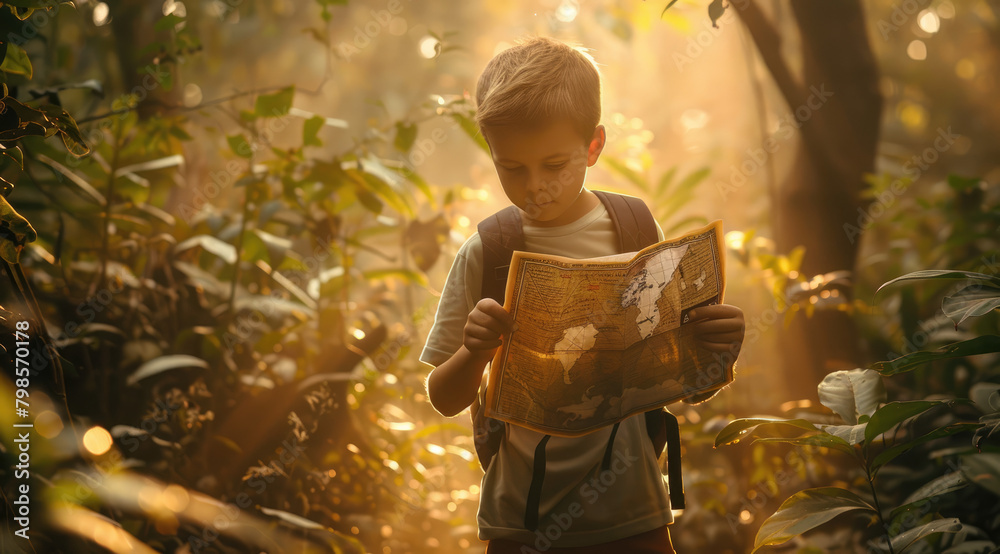 Foto de A young boy dressed as an explorer stands in the forest ...