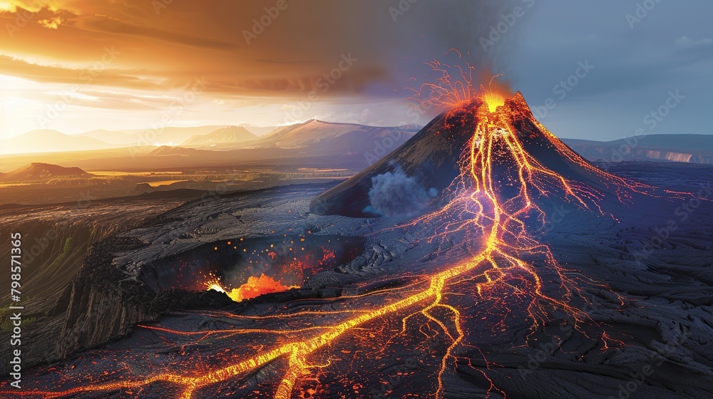 An image of a volcano, with its eruption path marked by a dotted line ...