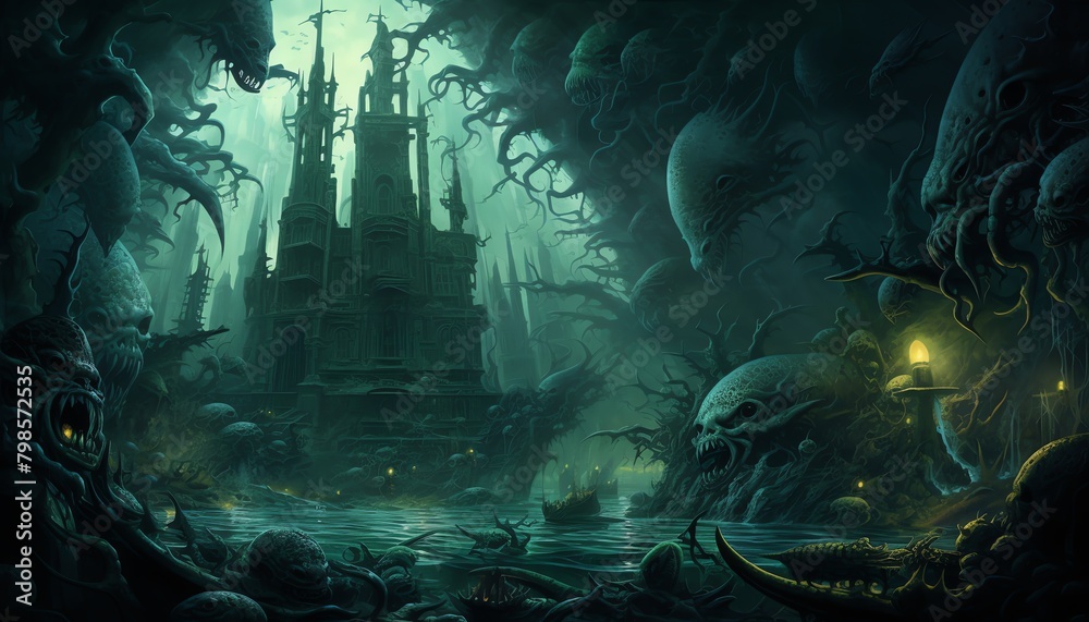 Capture a mesmerizing panoramic view of an underwater abyss filled with ...