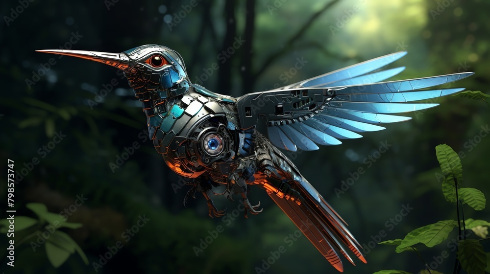 Illustrate a futuristic spy hummingbird, equipped with tiny cameras and ...