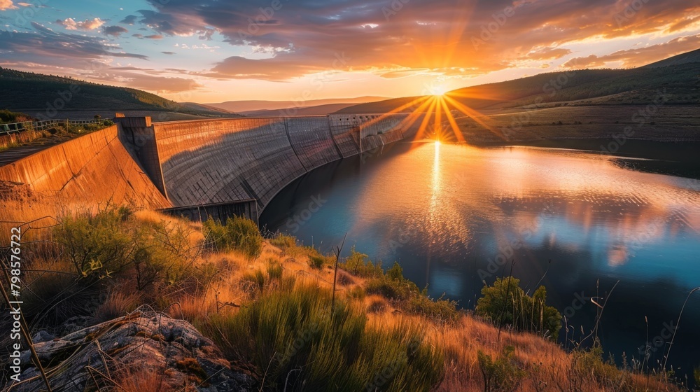 Sunset casting a golden glow over a dam and its reservoir, the tranquil ...