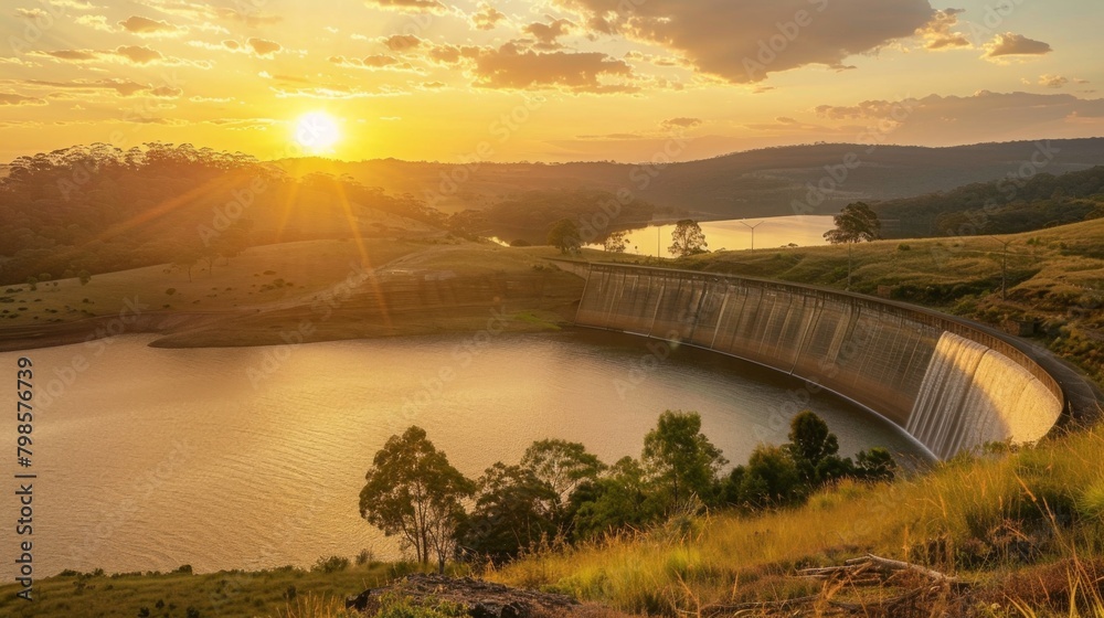 Sunset casting a golden glow over a dam and its reservoir, the tranquil ...