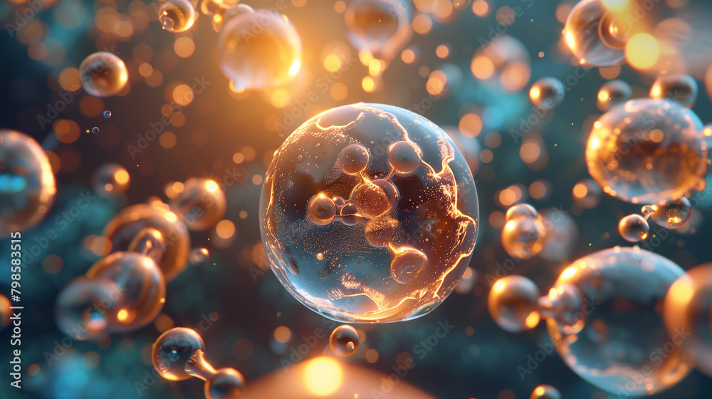 Gluta-Hya molecules depicted as tiny, glowing orbs surrounding skin ...