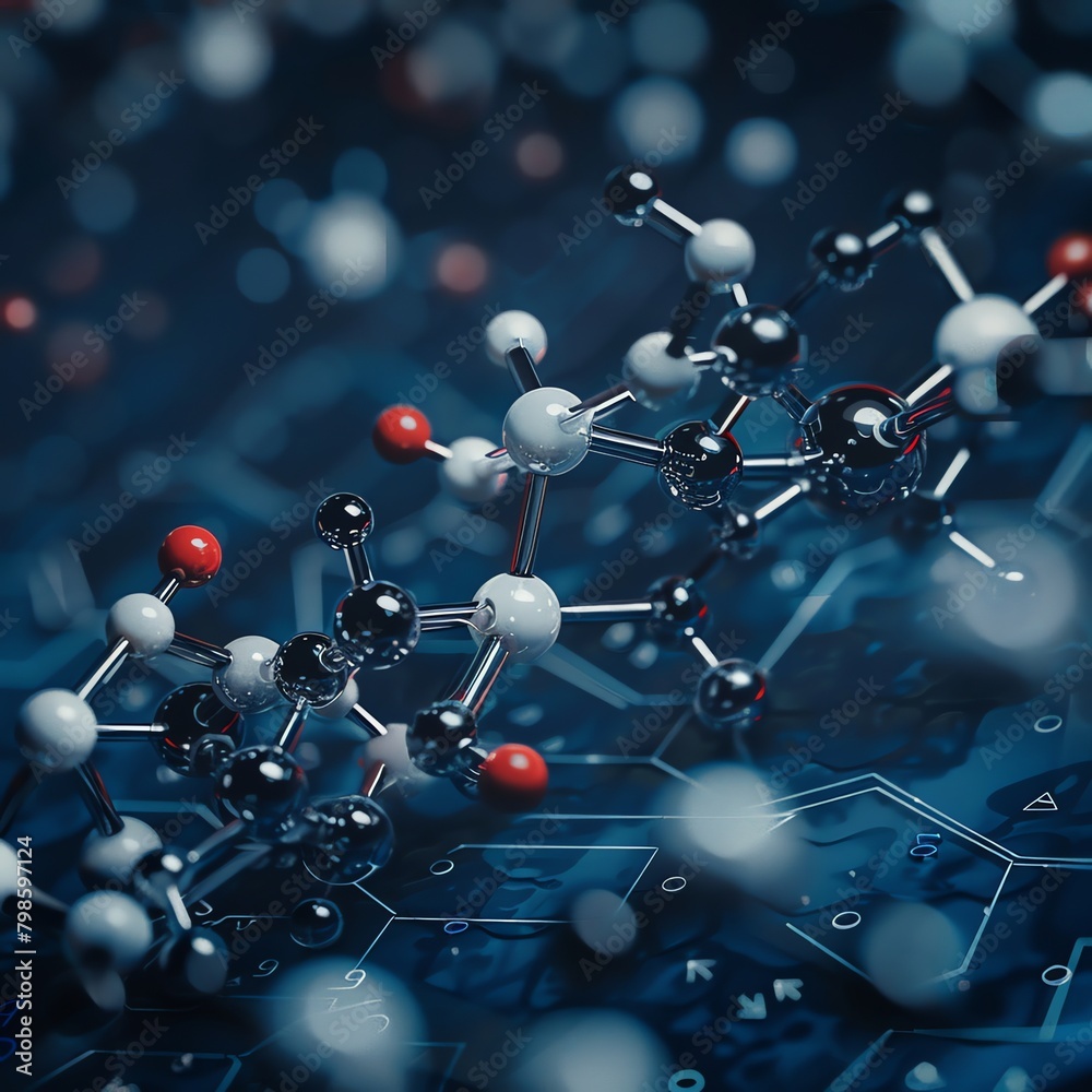 Close-up view of a 3D molecular structure model of a complex molecule ...