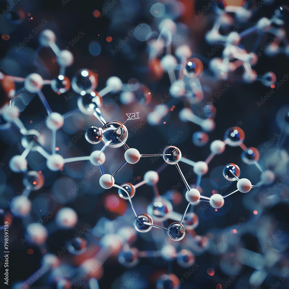 Close-up view of a 3D molecular structure model of a complex molecule ...