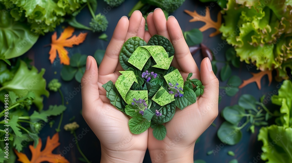 Hands holding recycle symbol made from plants. Save planet earth day ...