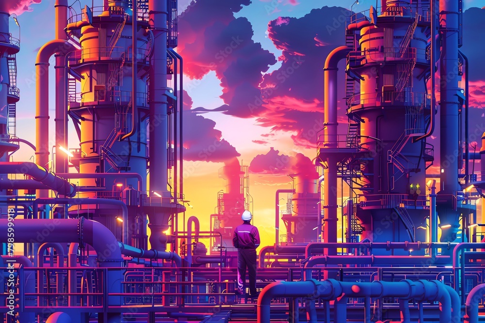 Craft a vibrant vector art piece featuring a Chemist working amidst a ...