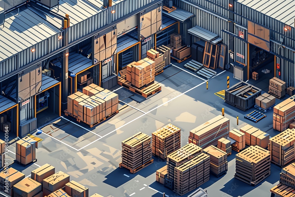 Design a warehouse scene using vector graphics, featuring a birds-eye ...