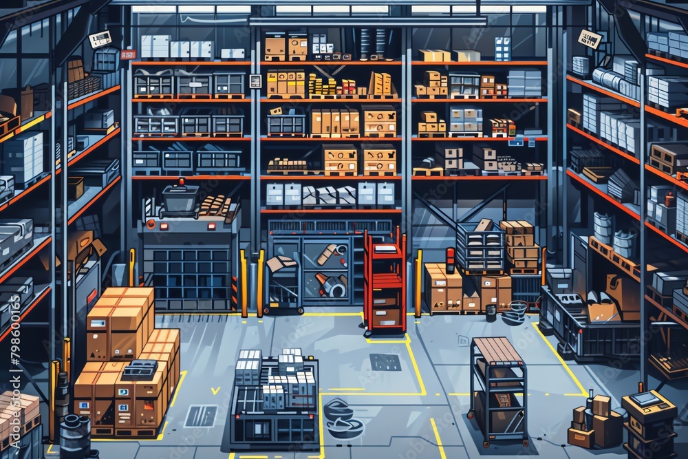 Design a warehouse scene using vector graphics, featuring a birds-eye ...