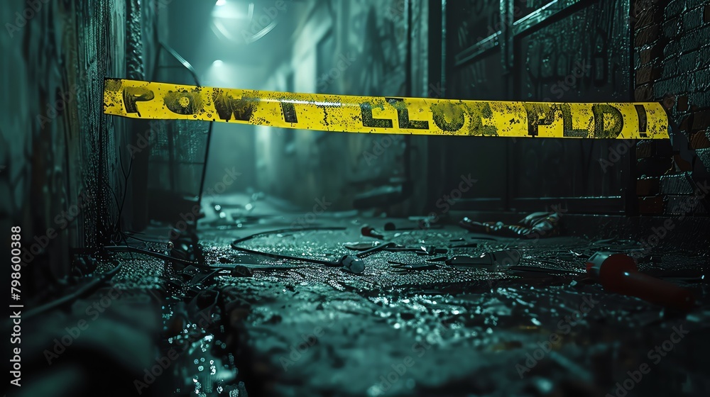 Dramatic crime scene with a yellow police line banner stretched across ...