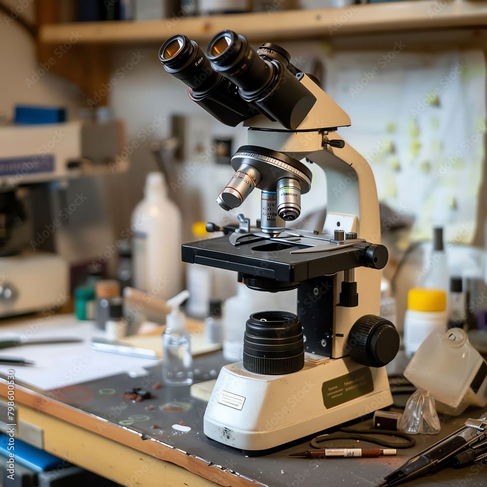 Image of a compound microscope with dual lenses on a cluttered research ...