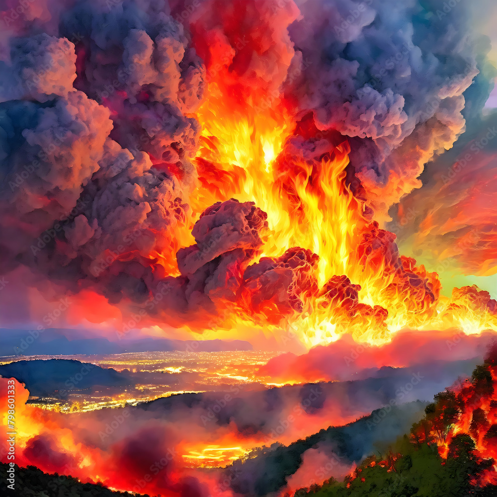 a massive fire explosion border engulfing the horizon, with blazing ...