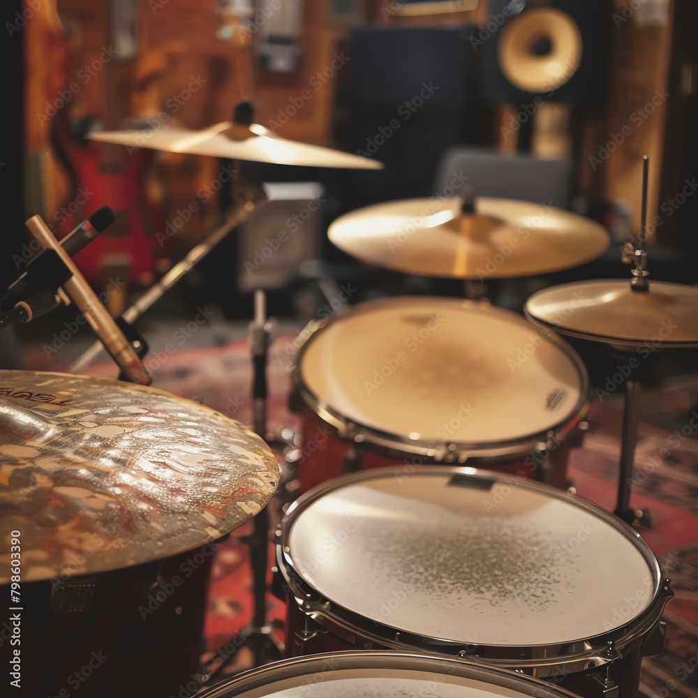 Drummer's perspective of a drum set during a rehearsal, view of drum ...