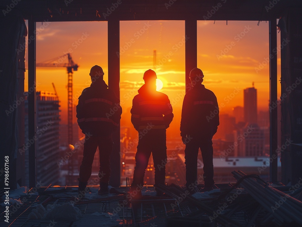 In the dimming light of dusk, three anonymous construction workers ...
