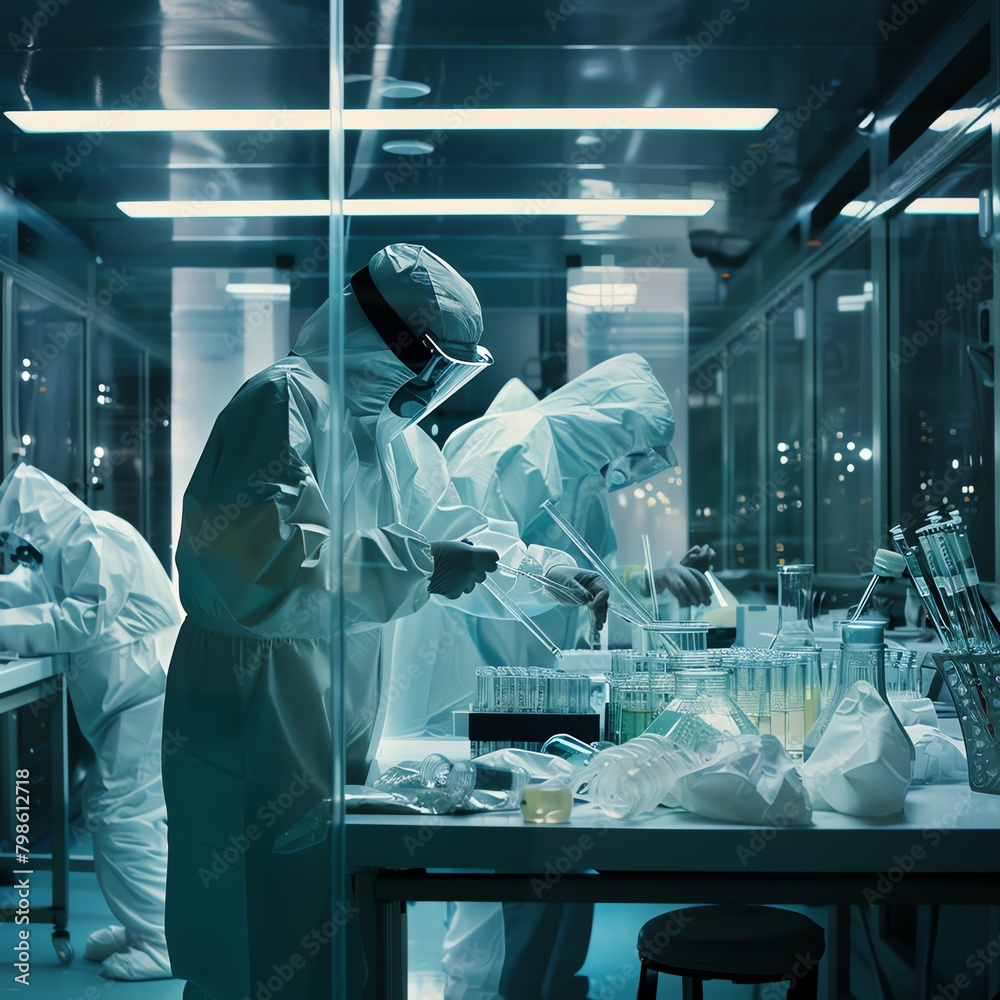 High-security bioweapons research facility with scientists in hazmat ...