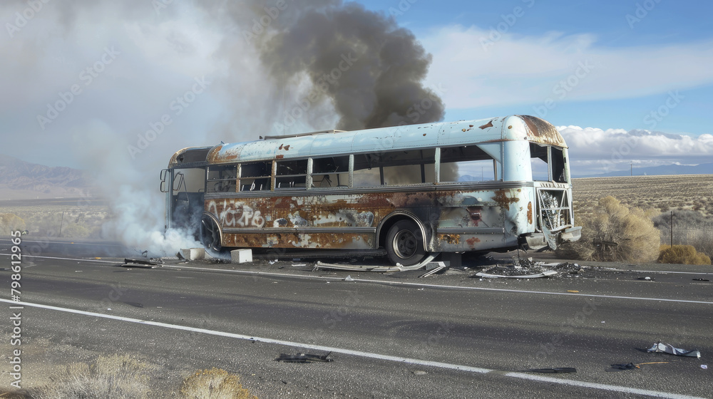 a bus on the side of the highway missing all of its wheels with the ...