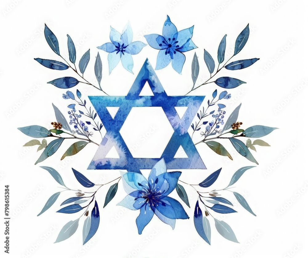 Star of David with blue flowers and leaves on white background. Bat and ...