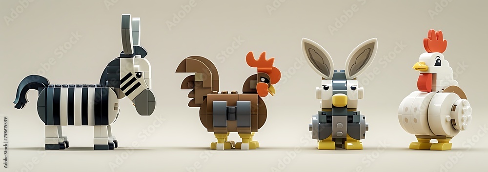 4 animal characters: a zebra with black and white stripes, a rooster ...