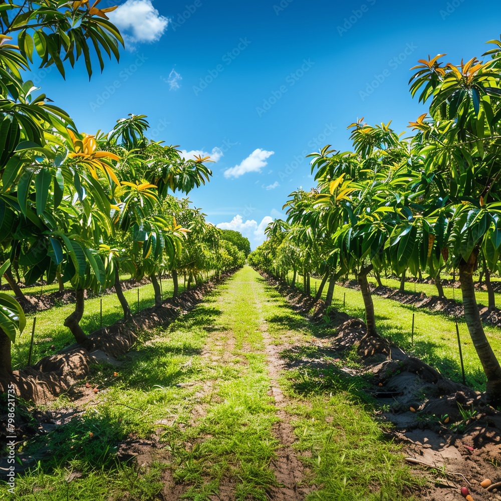 Wide-angle shot of a sunny mango farm, with rows of mango trees in full ...