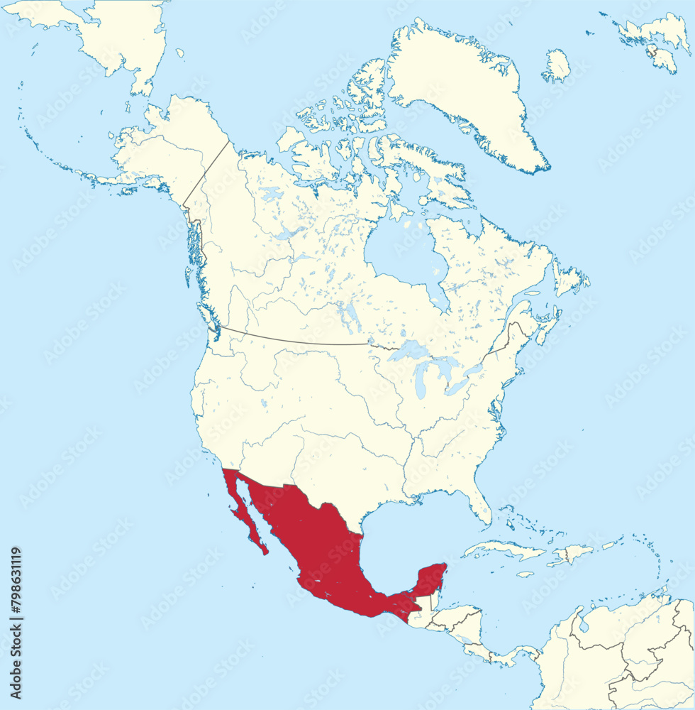 Red detailed blank political map of MEXICO with blue water surfaces ...