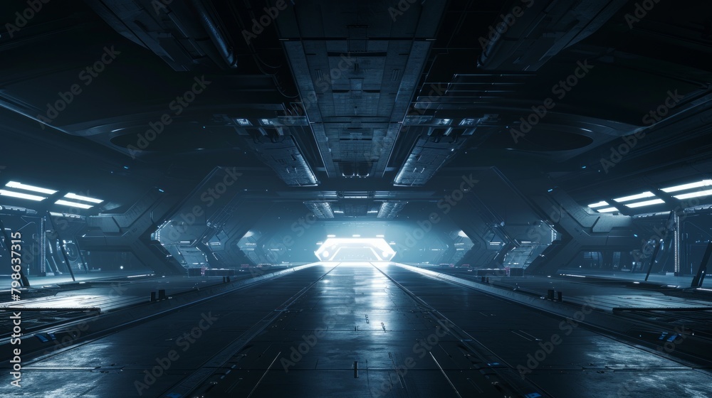 A sleek, metallic spaceship hangar with all bays occupied except for ...