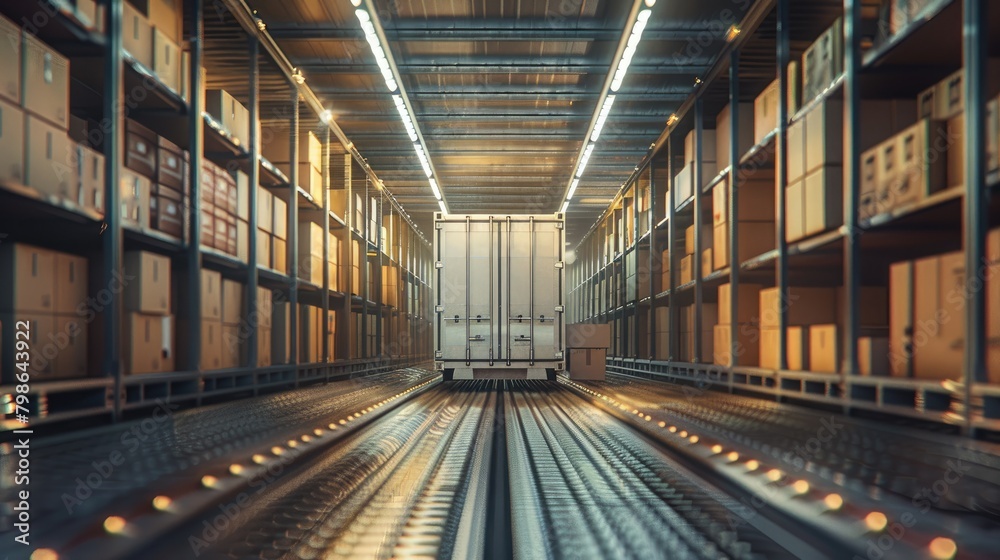 Perspective view inside a semi-truck trailer filled with boxed goods ...