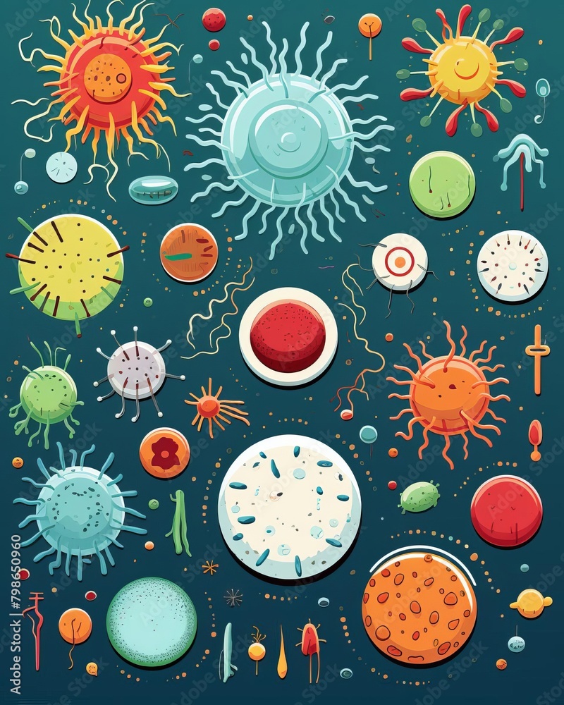 Detailed illustration of various types of bacteria, including rodshaped ...