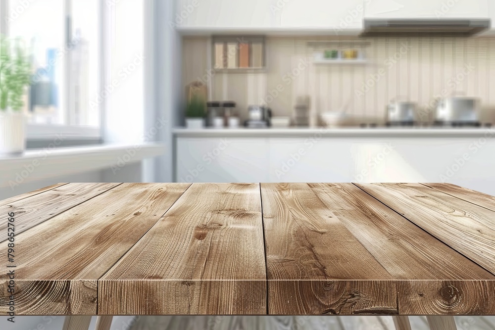 Modern Kitchen Display on Wood Table Top: Blurred Backdrop Design ...