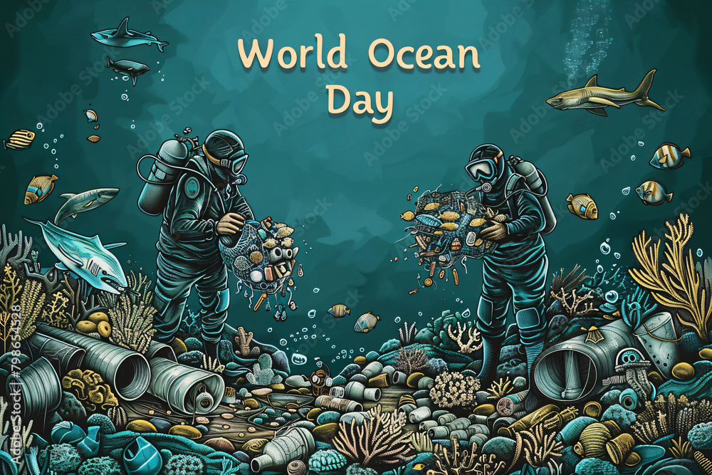 Scuba divers clear the seabed of plastic debris. Dynamic wildlife ...