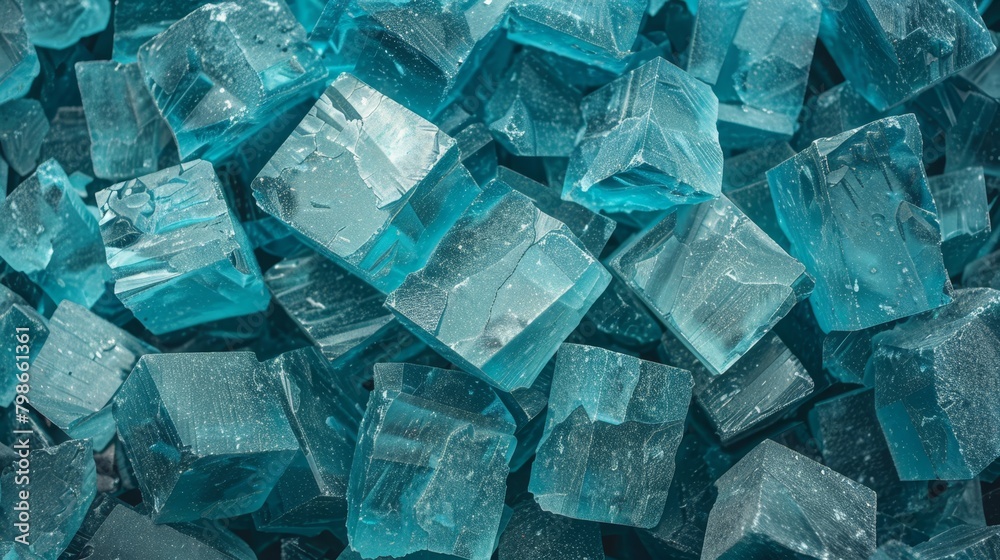 Blue glass cubes stacked in piles next to one another One pile consists ...