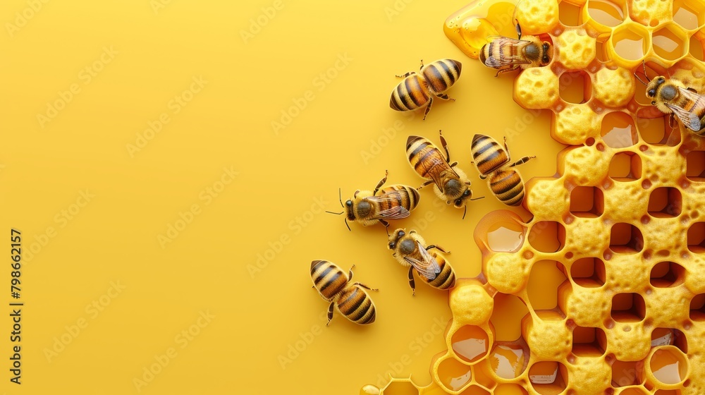 Honeybees cluster on a yellow backdrop, formed around a beehive shaped ...