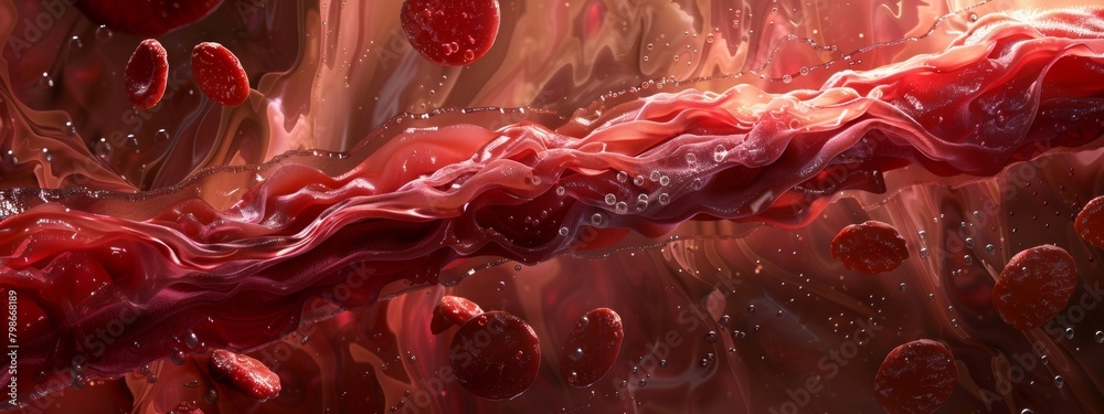 A cross-section of a human artery with flowing red blood cells and ...