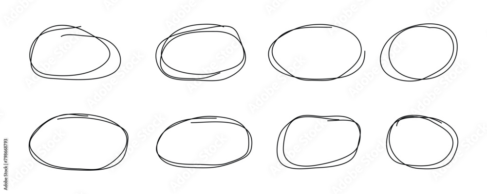 Hand drawn ellipse doodles, sketch pencil oval frames. Black outline ...