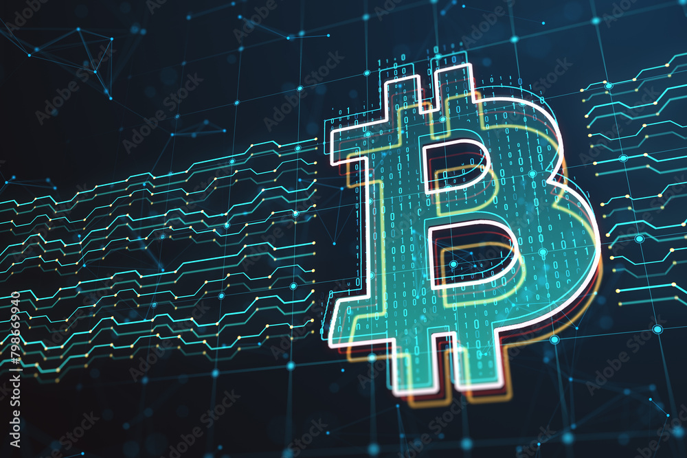 Abstract digital bitcoin sign and circuit on dark grid backdrop. Online ...