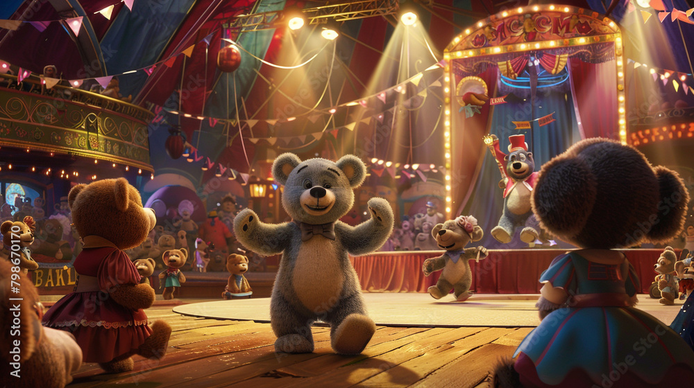 A lively circus performance starring cartoon teddy bears showcasing ...