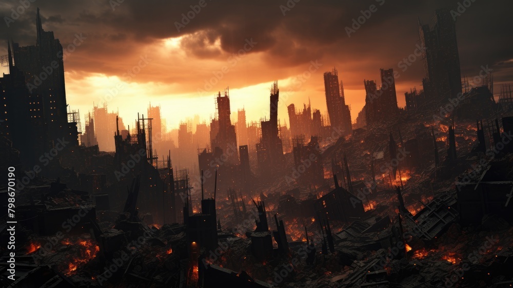 Apocalyptic skyline featuring crumbling buildings under an ominous sky ...