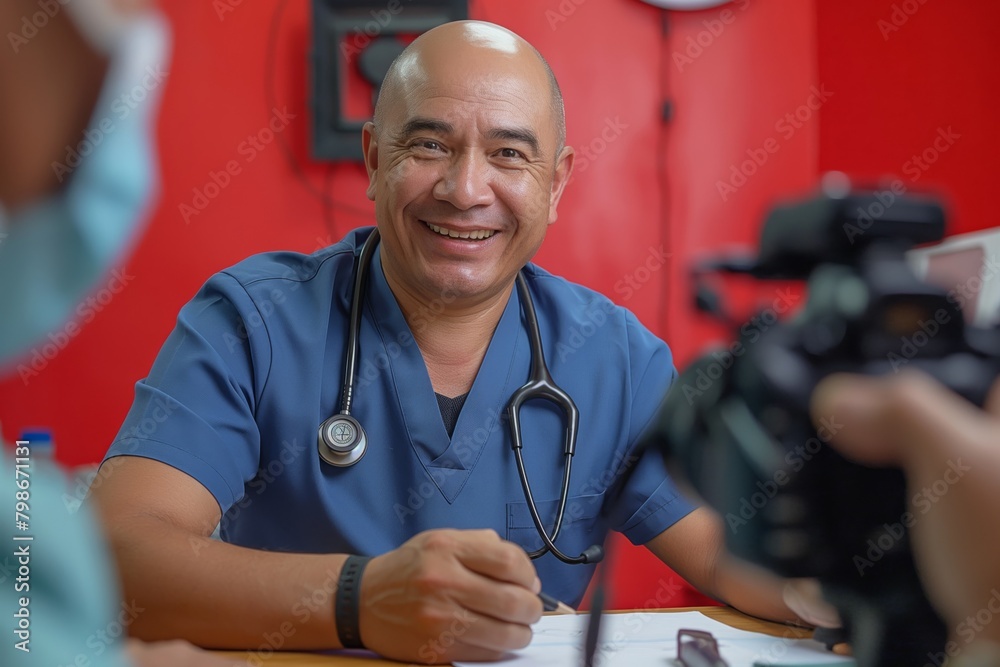 Happy bald doctor in blue scrubs and stethoscope posing for a photo ...