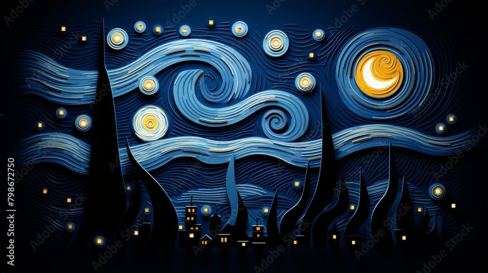 Stylized Night Sky with Swirling Patterns and Stars Stock Illustration ...