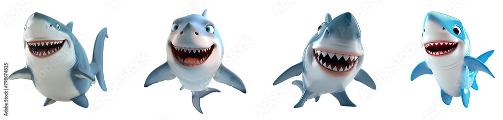 Set of 3D cute happy cartoon shark, isolated on white background, png ...
